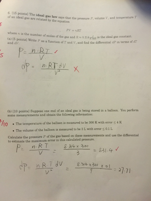 Solved The ideal gas law says that the pressure p, volume V, | Chegg.com