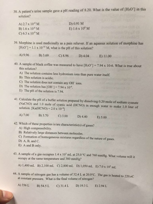 Solved A patient's urine sample gace a pH reading of 8.20. | Chegg.com