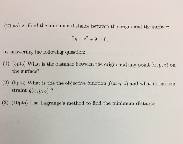 Solved Find the minimum distance between the origin and the | Chegg.com
