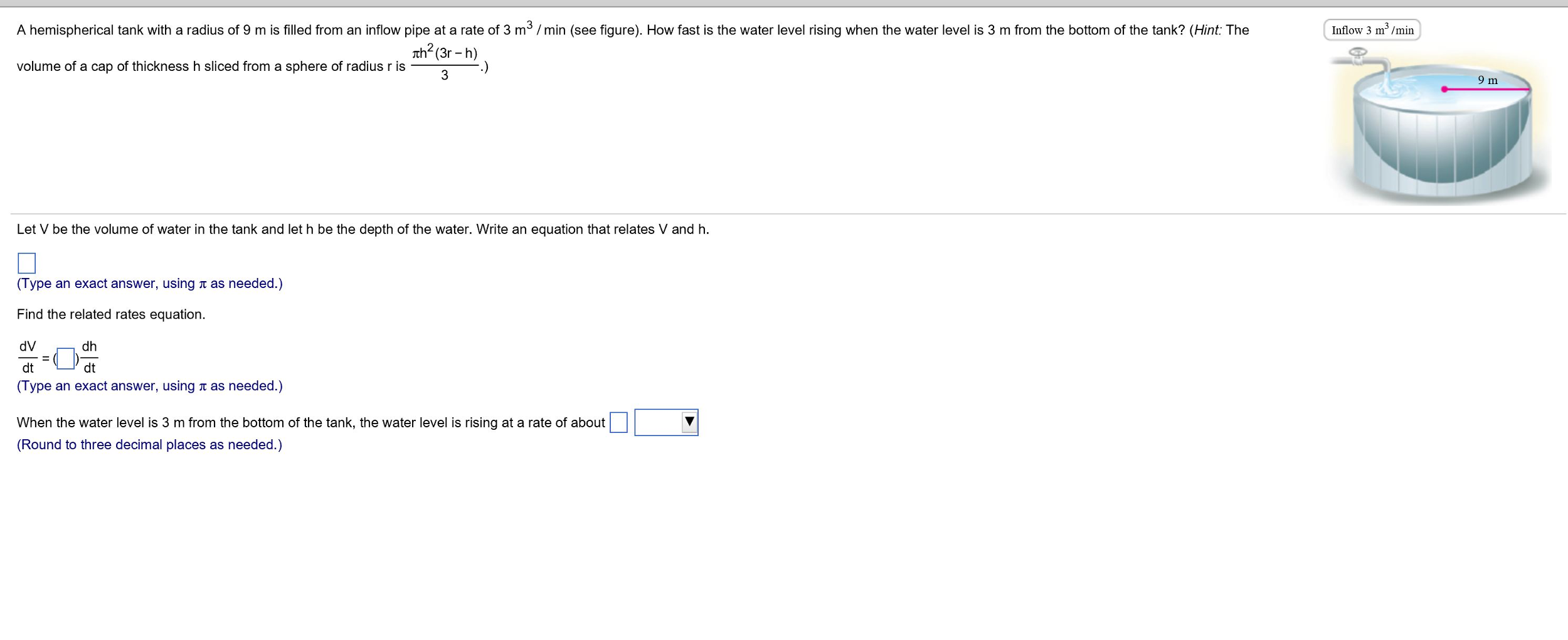 Solved A hemispherical tank with a radius of 9 m is filled | Chegg.com