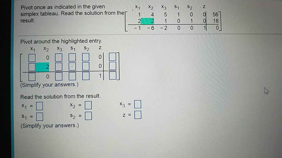 Solved Pivot once as indicated in the given simplex tableau. | Chegg.com