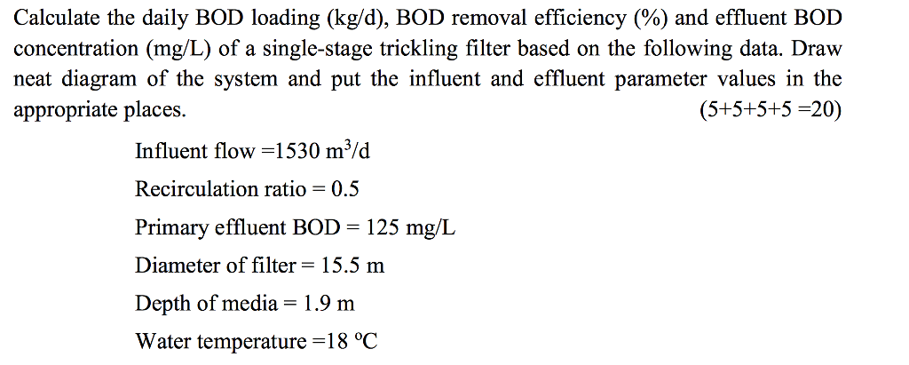 Solved Calculate the daily BOD loading (kg/d), BOD removal | Chegg.com