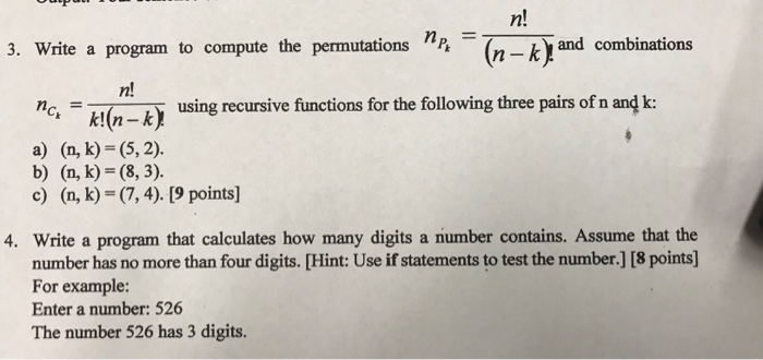 Solved n! (n -k and combinations 3. Write a program to | Chegg.com