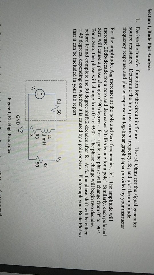 Solved Section 1, Bode Plot Analysis Derive the transfer | Chegg.com