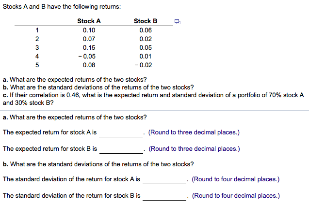 Solved Stocks A and B have the following returns Stock A | Chegg.com