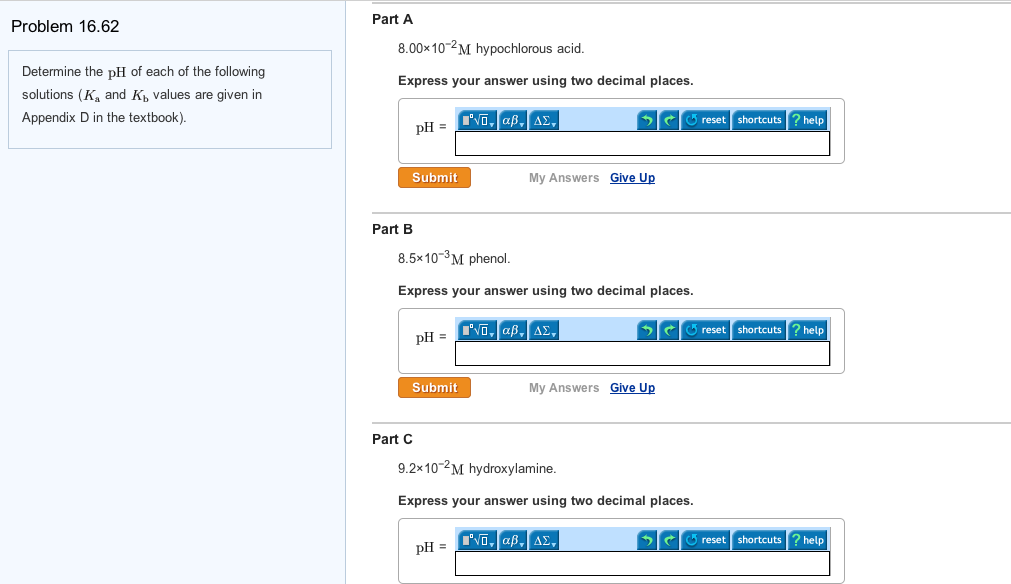 Solved Determine the pH of each of the following solutions | Chegg.com