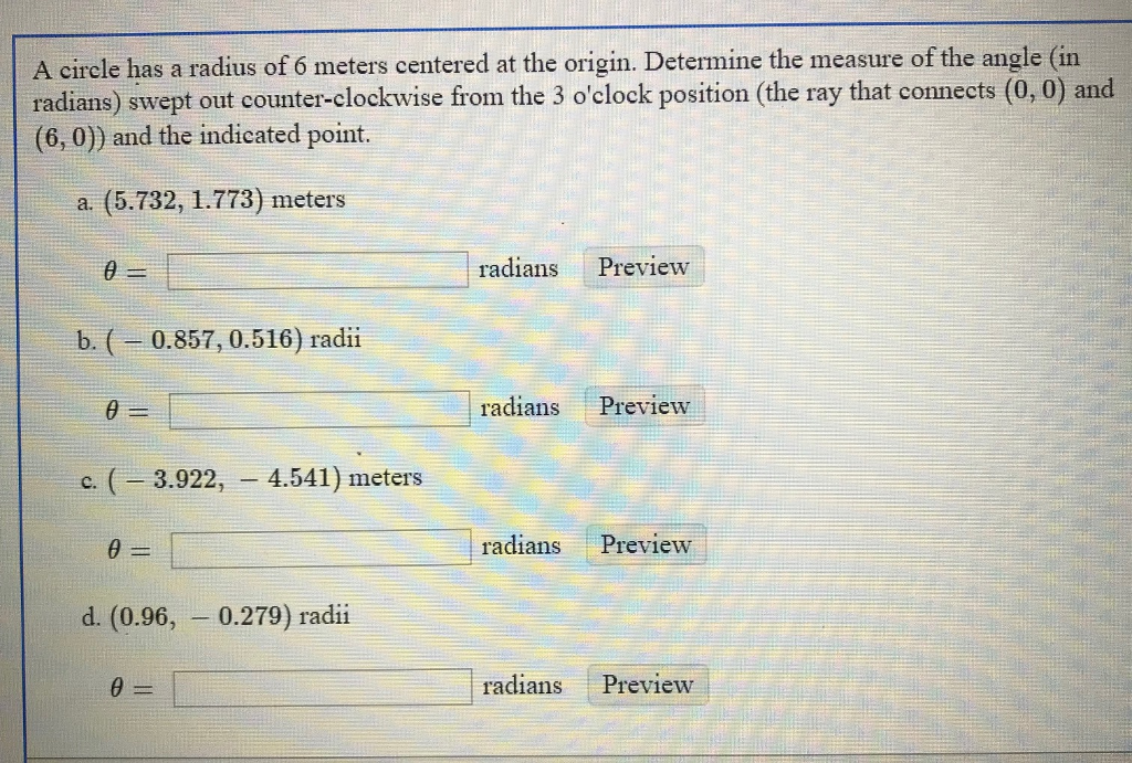 Solved A circle has a radius of 6 meters centered at the | Chegg.com