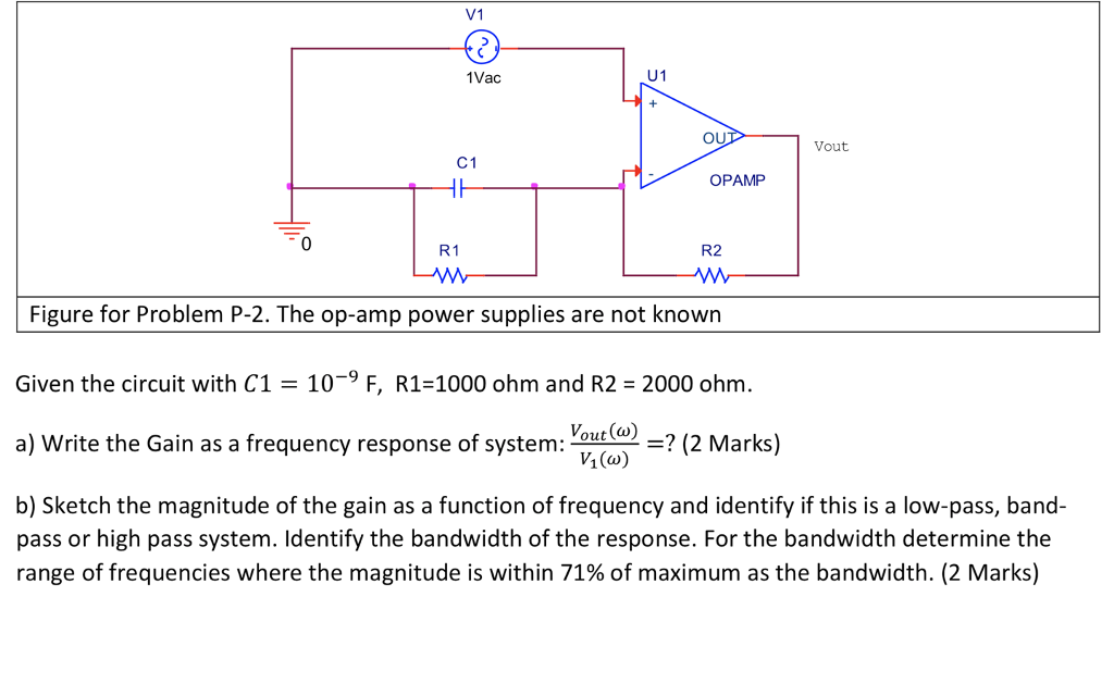 Solved V1 1Vac U1 OU Vout C1 OPAMP R1 R2 Figure for Problem | Chegg.com