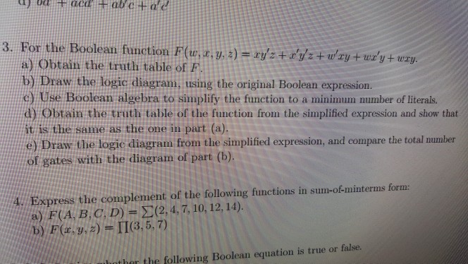 Solved For the Boolean function F(w,x, y, | Chegg.com