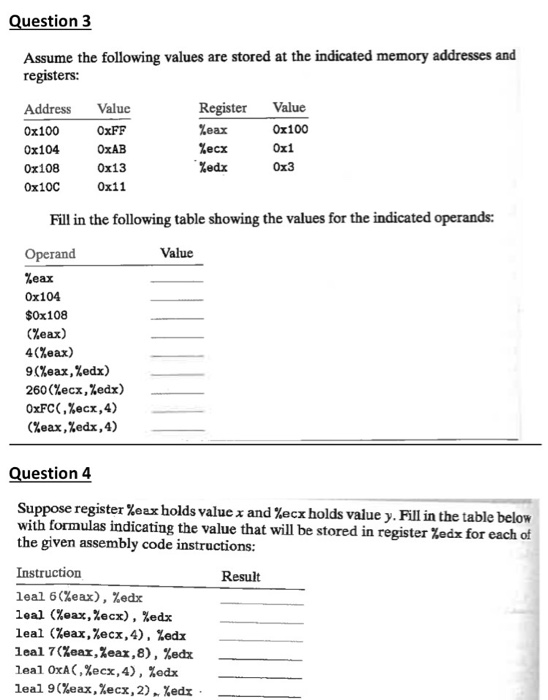 Solved Assume The Following Values Are Stored At The 
