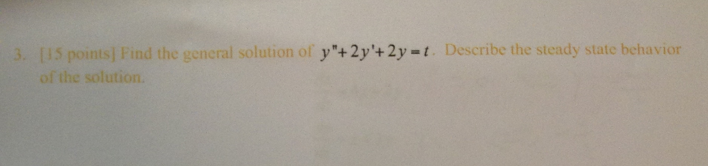 Solved Find the general solution of y" + 2y' + 2y = t. | Chegg.com