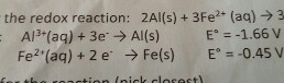 Solved the redox reaction: 2Al(s) 3Fe2" (aq) 3 Al' (aq) 3e | Chegg.com