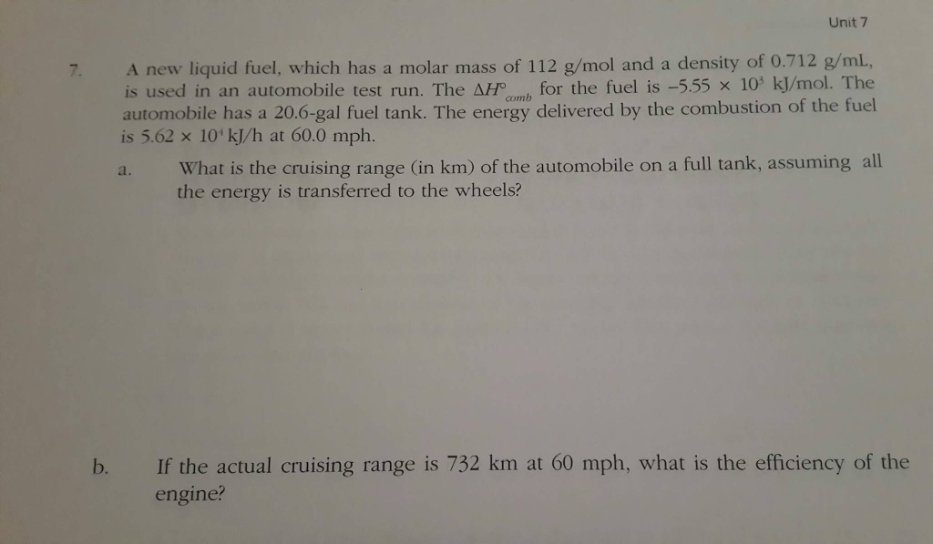 Solved Unit 7 7. A new liquid fuel, which has a molar mass | Chegg.com