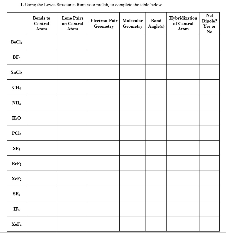 Solved Using the Lewis Structures from your prelab, to | Chegg.com