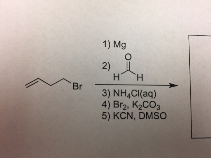 Solved 1) Mg 2) Br 3) NH4Cl (aq) 4) Br2, K2CO3 5) KCN, DMSO | Chegg.com