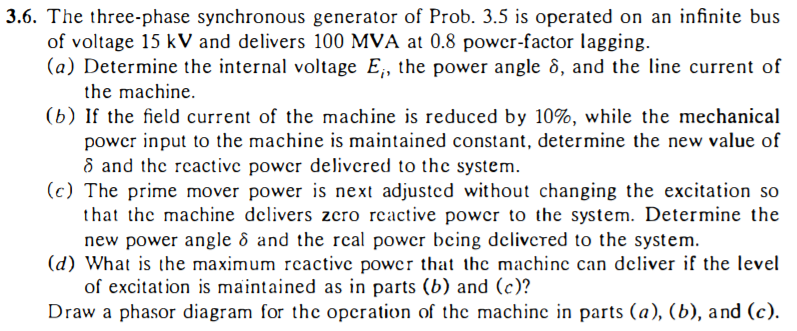 Solved 3.6. The three-phase synchronous generator of Prob. | Chegg.com