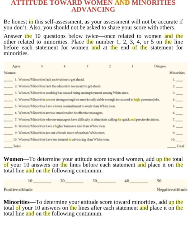 ATTITUDE TOWARD WOMEN AND MINORITIES ADVANCING Be | Chegg.com