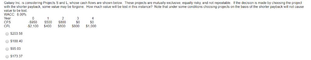Solved Galaxy Inc. is considering Projects S and L, whose | Chegg.com
