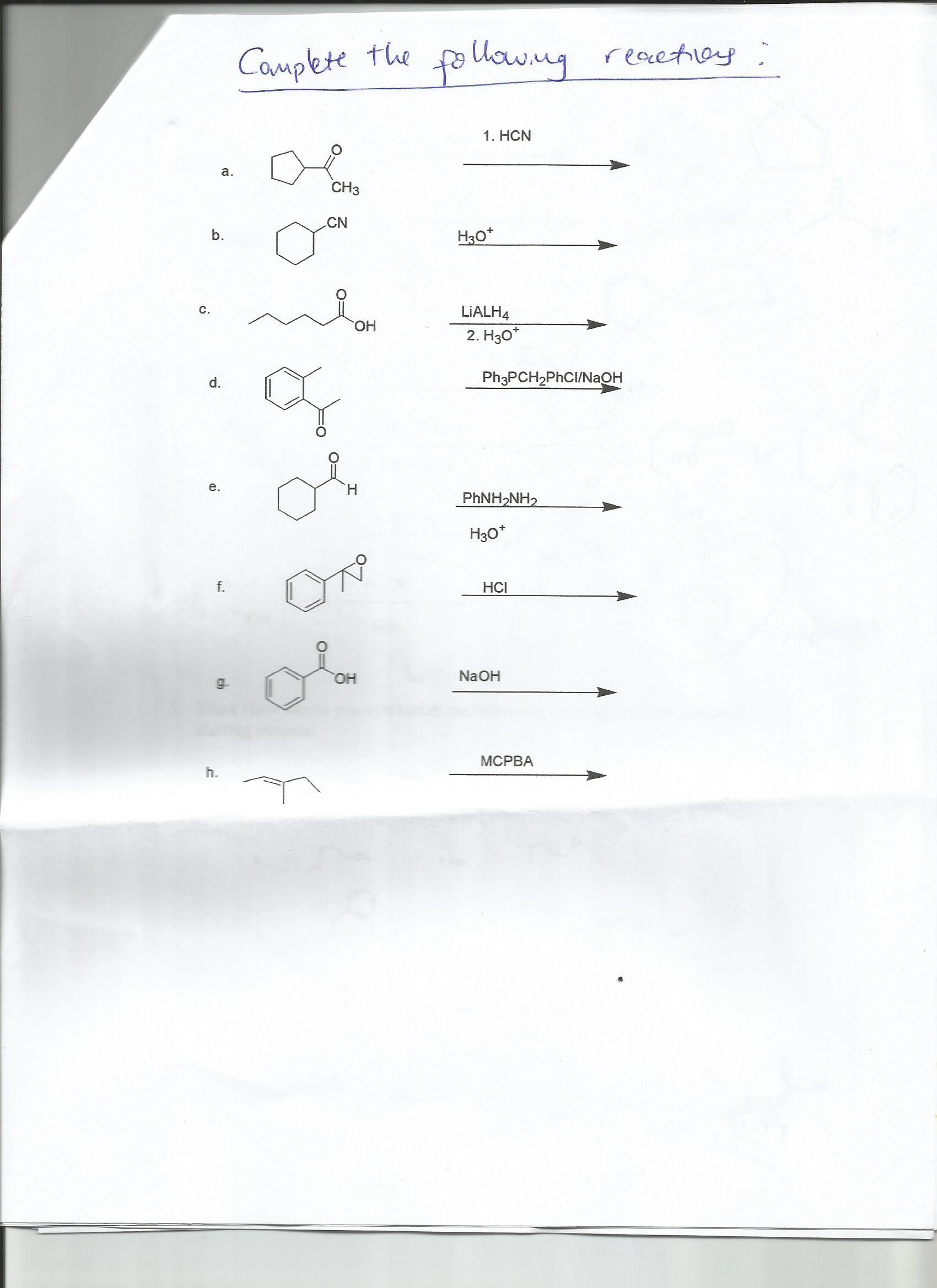 Solved Complete the following reactions HCN H3O+ LiALH4 H3O+ | Chegg.com