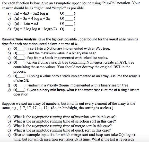 Solved For each function below, give an asymptotic upper | Chegg.com
