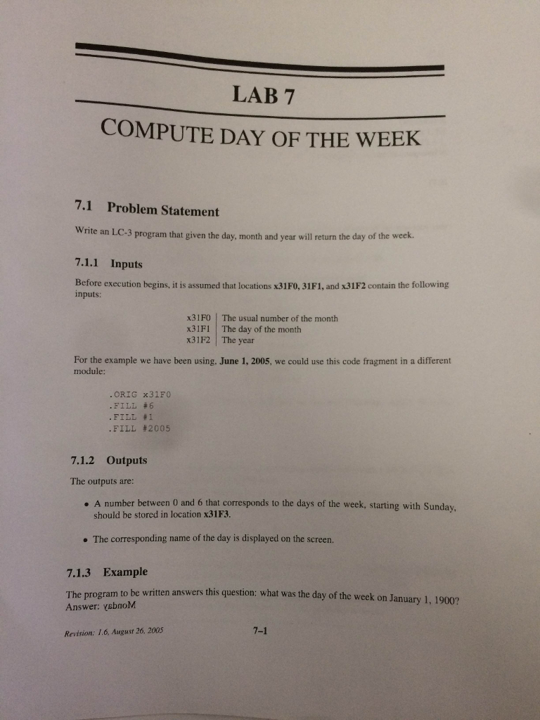 Solved LAB 7 COMPUTE DAY oF THE WEEK. 7.1 Problem Statement | Chegg.com