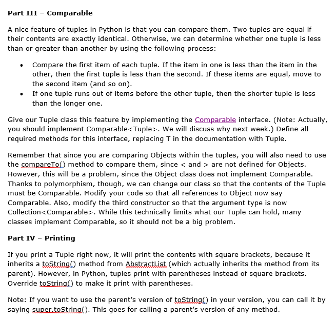 Part I Implementing Tuples Python provides the tuple | Chegg.com