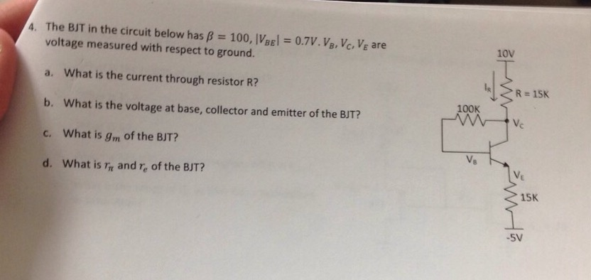 Solved 4. The BjT in the circuit below has Beta = 100, |VBE| | Chegg.com