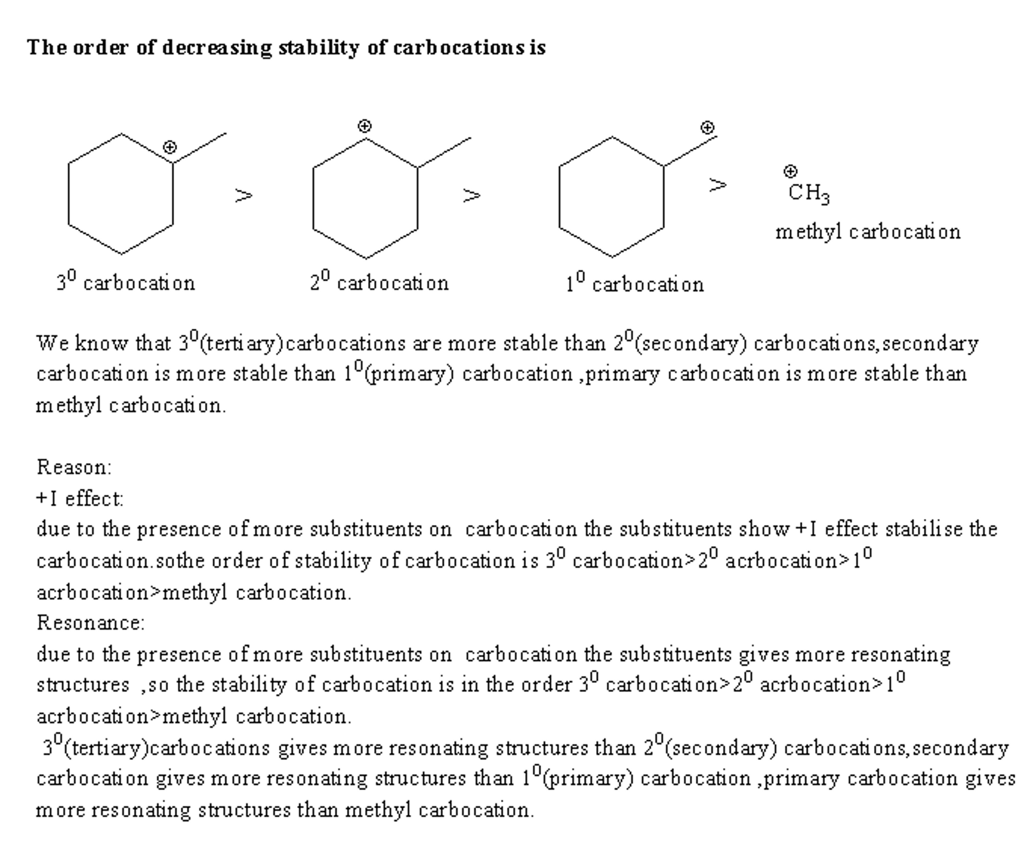 Rank the following carbocations in order of decreasing stability ...