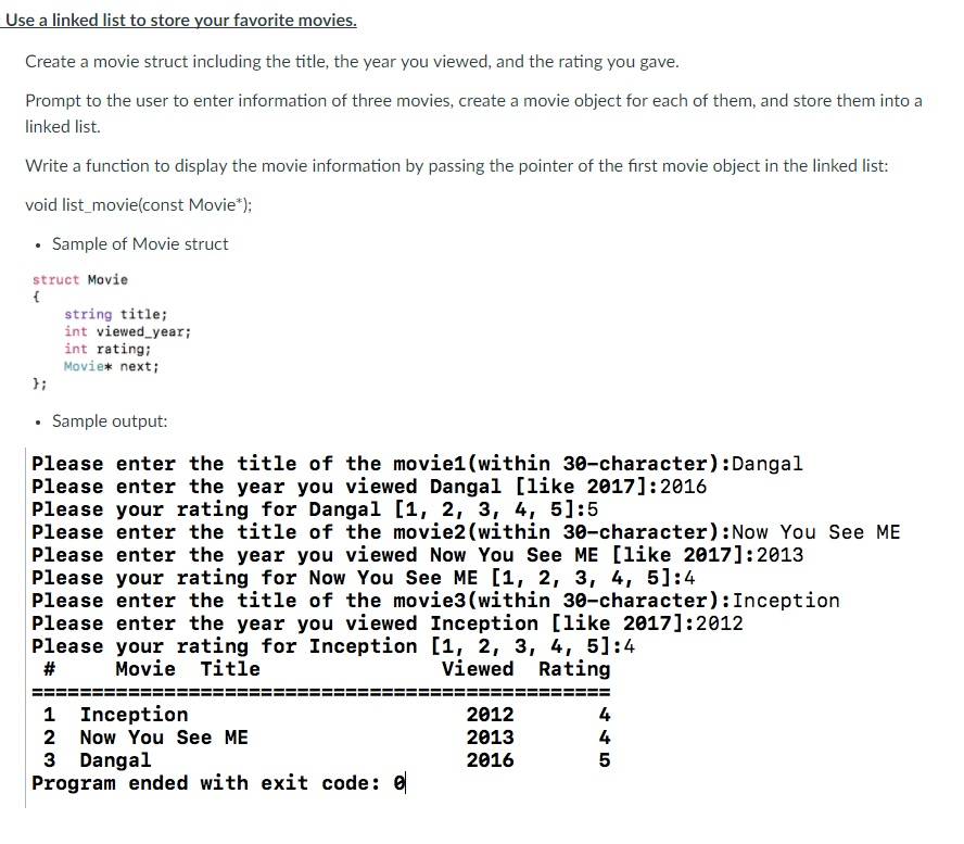 Solved linked list to store your favorit Create a movie | Chegg.com