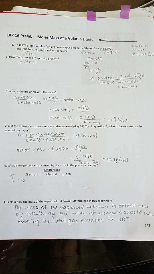 Solved EXP 16 Prelab Molar Mass of a Volatile Liquid Name 1. | Chegg.com