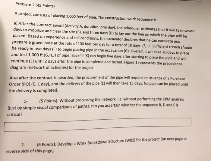 Solved Problem 2 (45 Points) A project consists of placing | Chegg.com