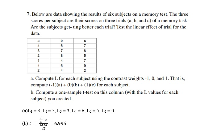 Solved 7. Below are data showing the results of six subjects | Chegg.com