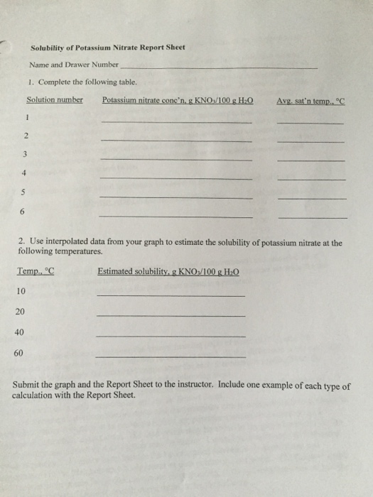 Solubility of Potassium Nitrate Report Sheet Name | Chegg.com