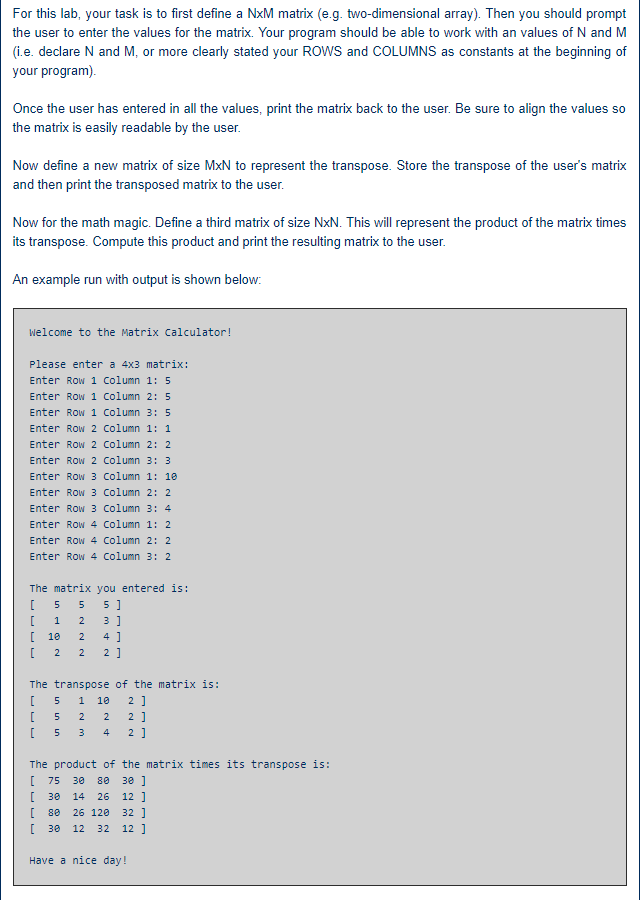 Solved For this lab, your task is to first define a NxM | Chegg.com