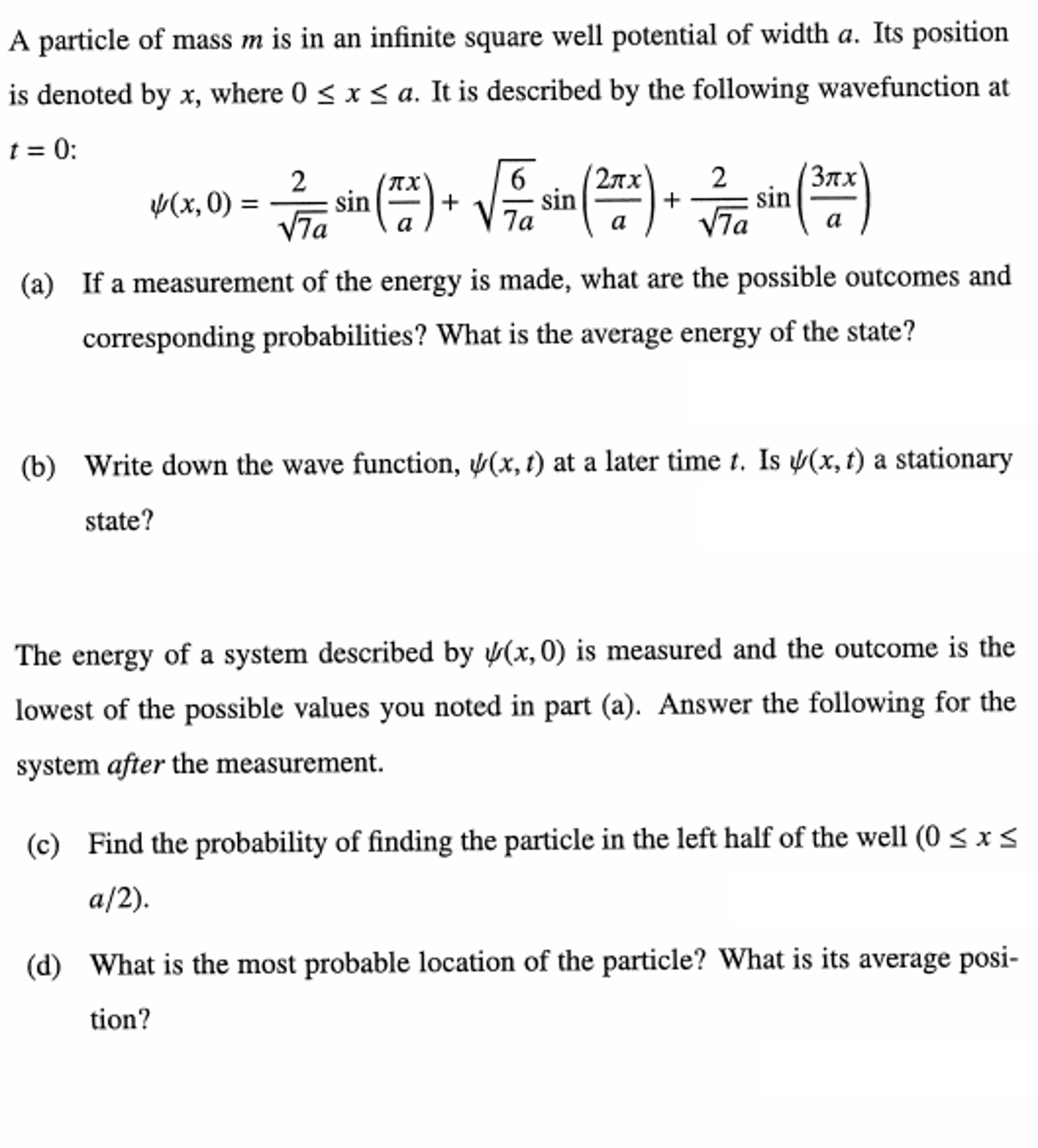 Solved: A Particle Of Mass M Is In An Infinite Square Well... | Chegg.com