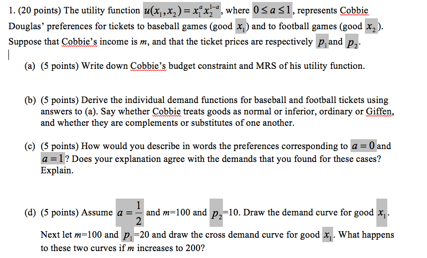 Solved 1. (20 points) The utility function u(x,x2)-x4x) | Chegg.com