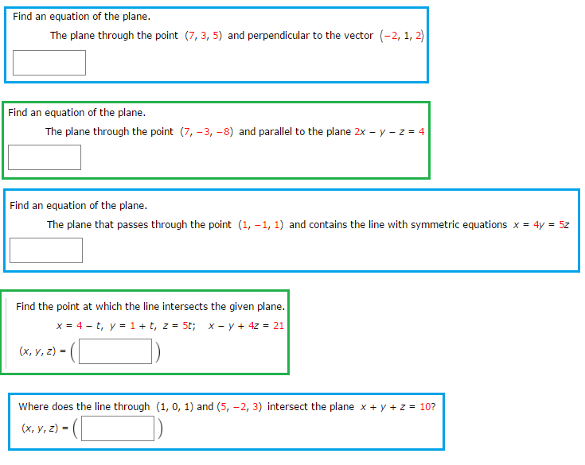 Solved Find an equation of the plane. The plane through the | Chegg.com