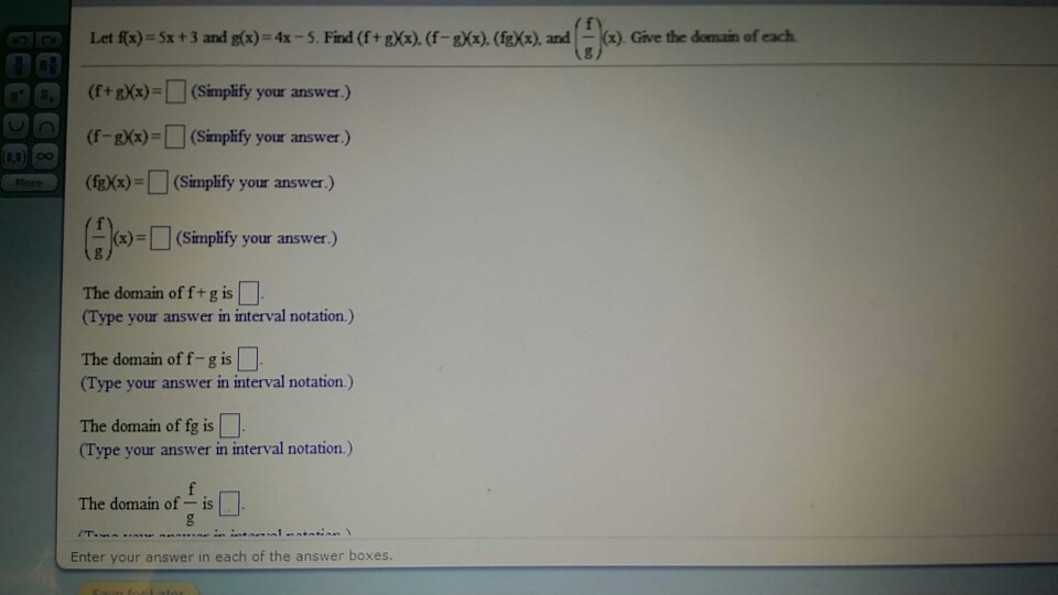 Solved Let f(x) = 5x + 3 and g(x) = 4x ? 5. Find (f + g)(x), | Chegg.com Solved Let f(x) = 5x + 3 and g(x) = 4x ? 5. Find (f + g)(x), | Chegg.com