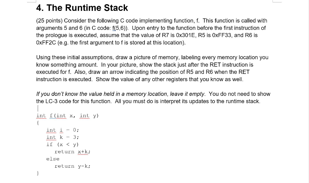 Solved 4. The Runtime Stack (25 points) Consider the | Chegg.com