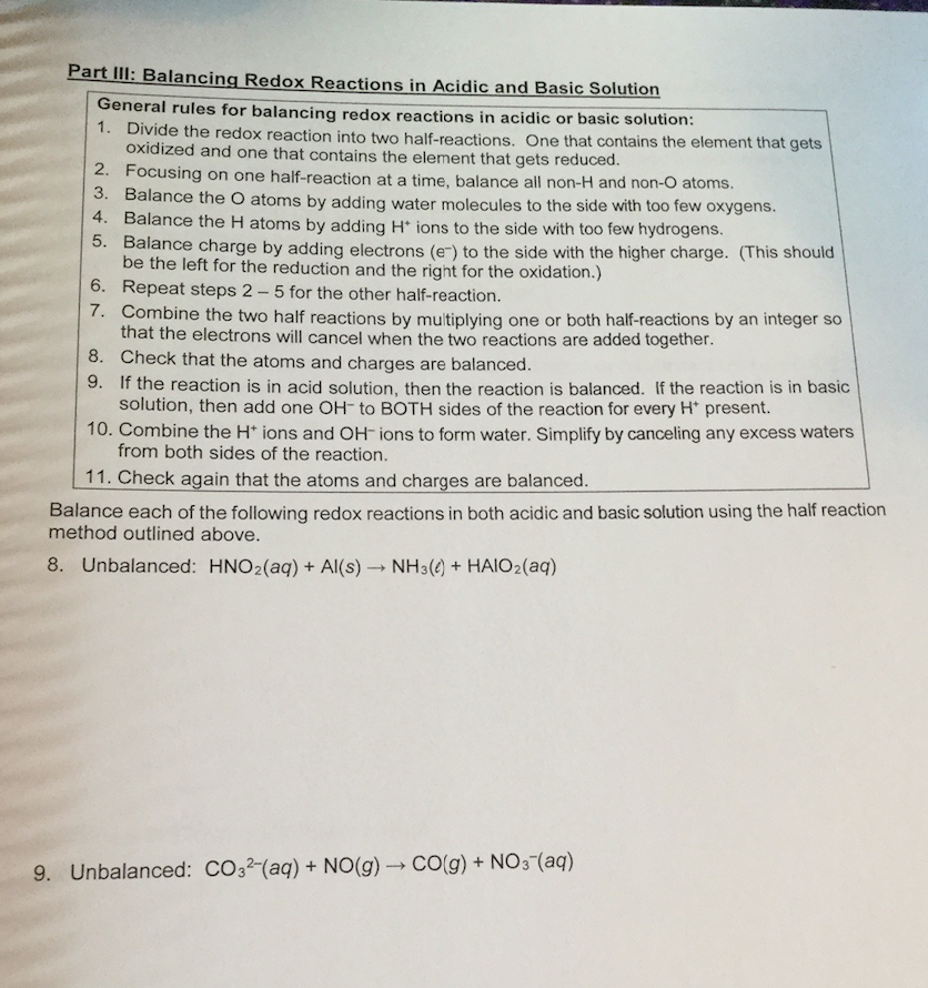 Solved Part Ill: Balancing Redox Reactions in Acidic and | Chegg.com