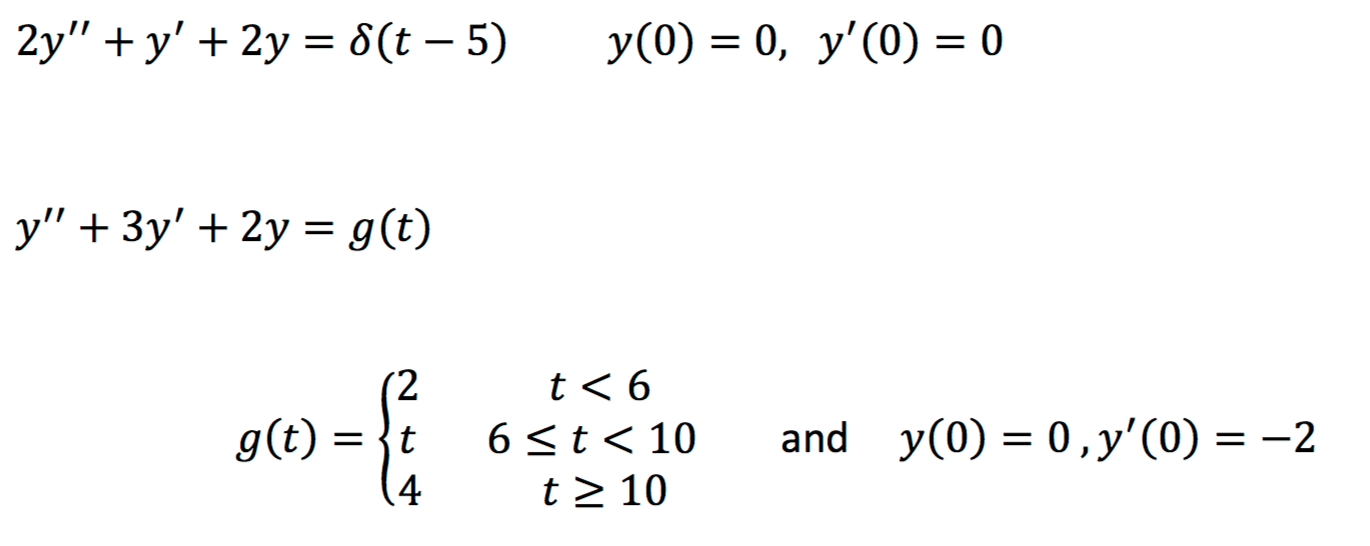 Solved 2y" + y' + 2y δ(t-5) y(0) = 0, y'(0) = 0 y" + 3y' + | Chegg.com