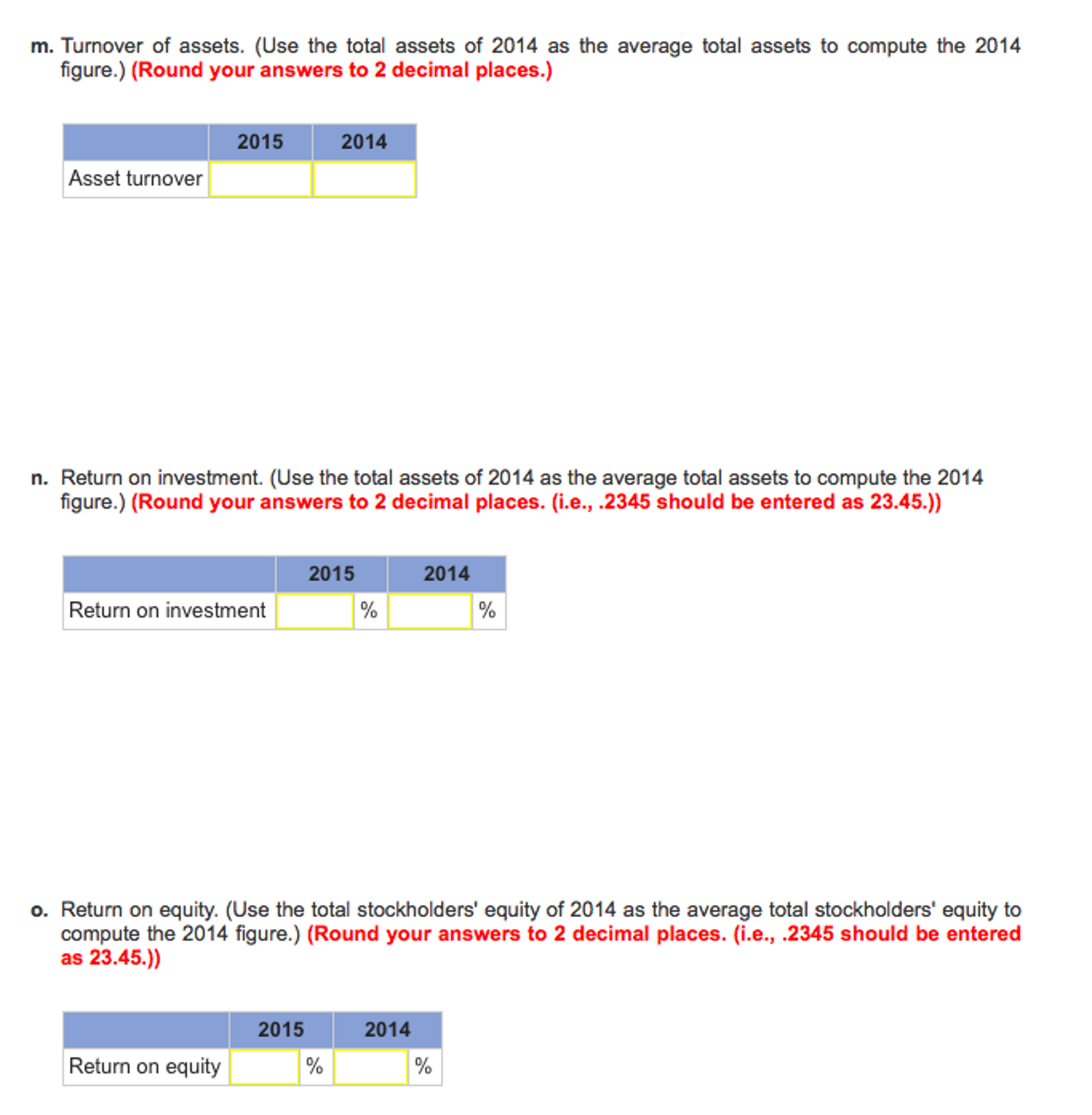 Solved - Calculate the following ratios for 2015 and 2014. | Chegg.com