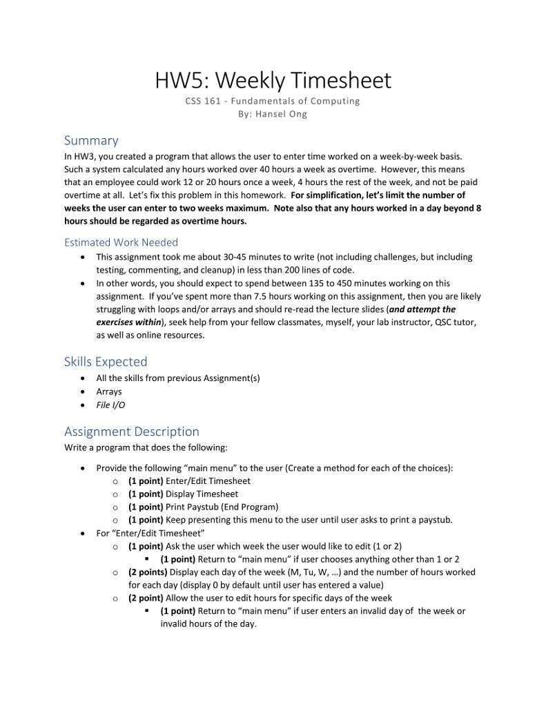 Solved HW5: Weekly Timesheet CSS 161 Fundamentals of | Chegg.com