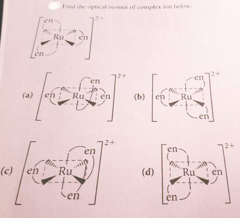 Solved Find the optical isomer of complex ion below: | Chegg.com