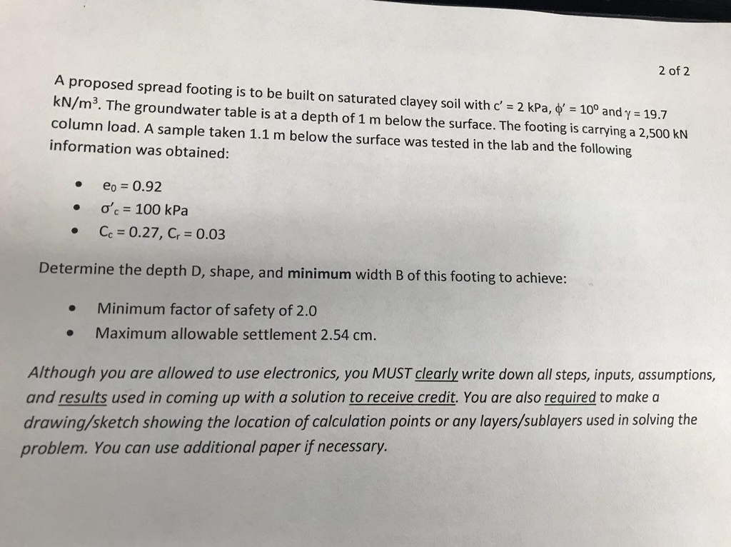 Solved 2 of 2 A proposed spread footing is to be built on | Chegg.com