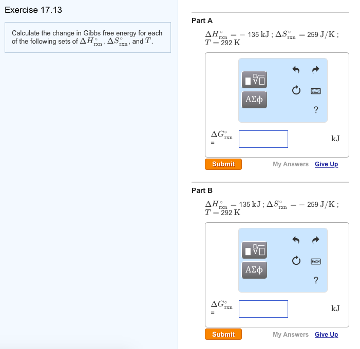 Solved Exercise 17.13 Part A Calculate the change in Gibbs | Chegg.com