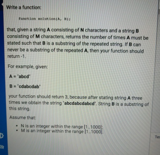 Solved Write a function: function solution (A, B) that, | Chegg.com