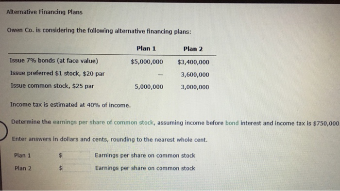 Solved Alternative Financing Plans Owen Co. is considering | Chegg.com