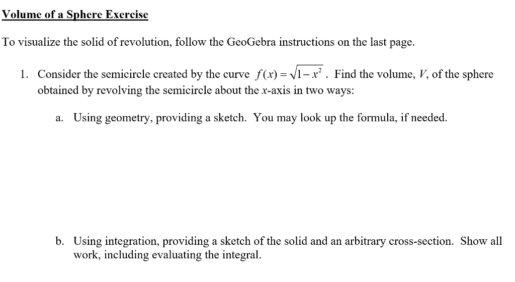 Solved Volume of a Sphere Exercise To visualize the solid | Chegg.com
