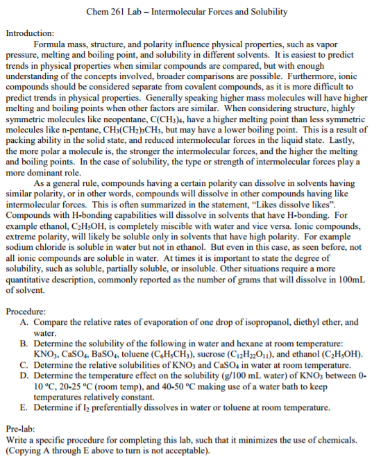 Chem 261 Lab Intermolecular Forces and Solubility | Chegg.com